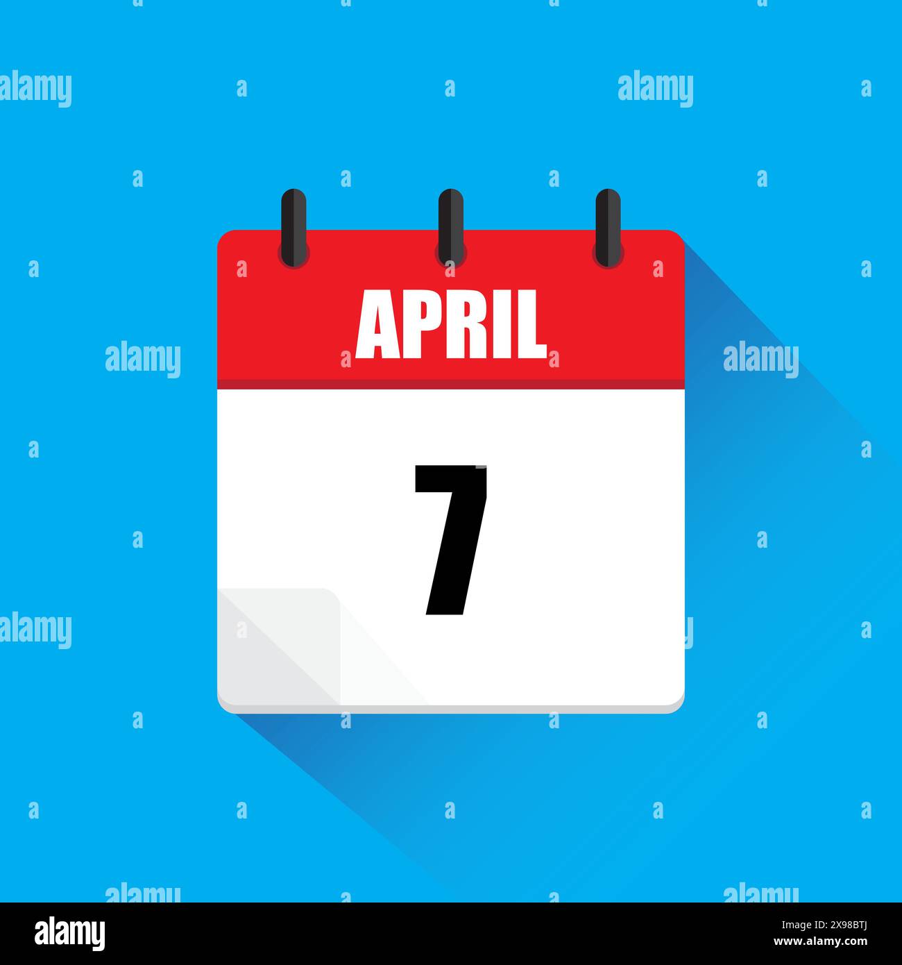 April seventh calendar. Red white vector. Blue background icon. Long ...