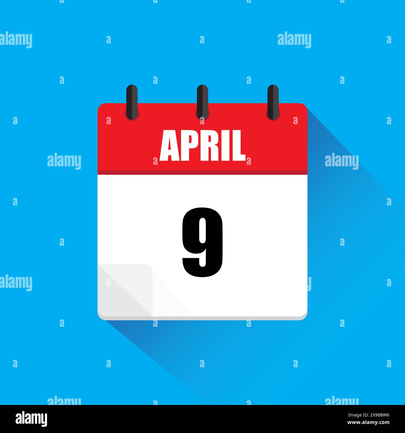 April ninth calendar. Red white vector. Blue background icon. Long ...