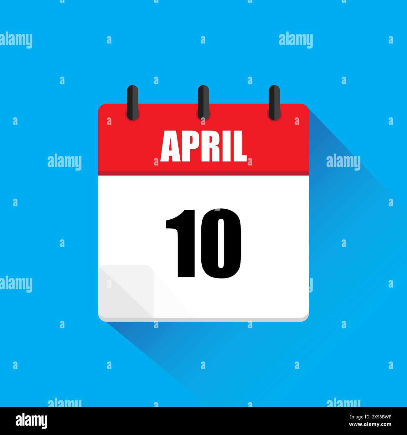 April tenth calendar. Red white vector. Blue background icon. Long ...
