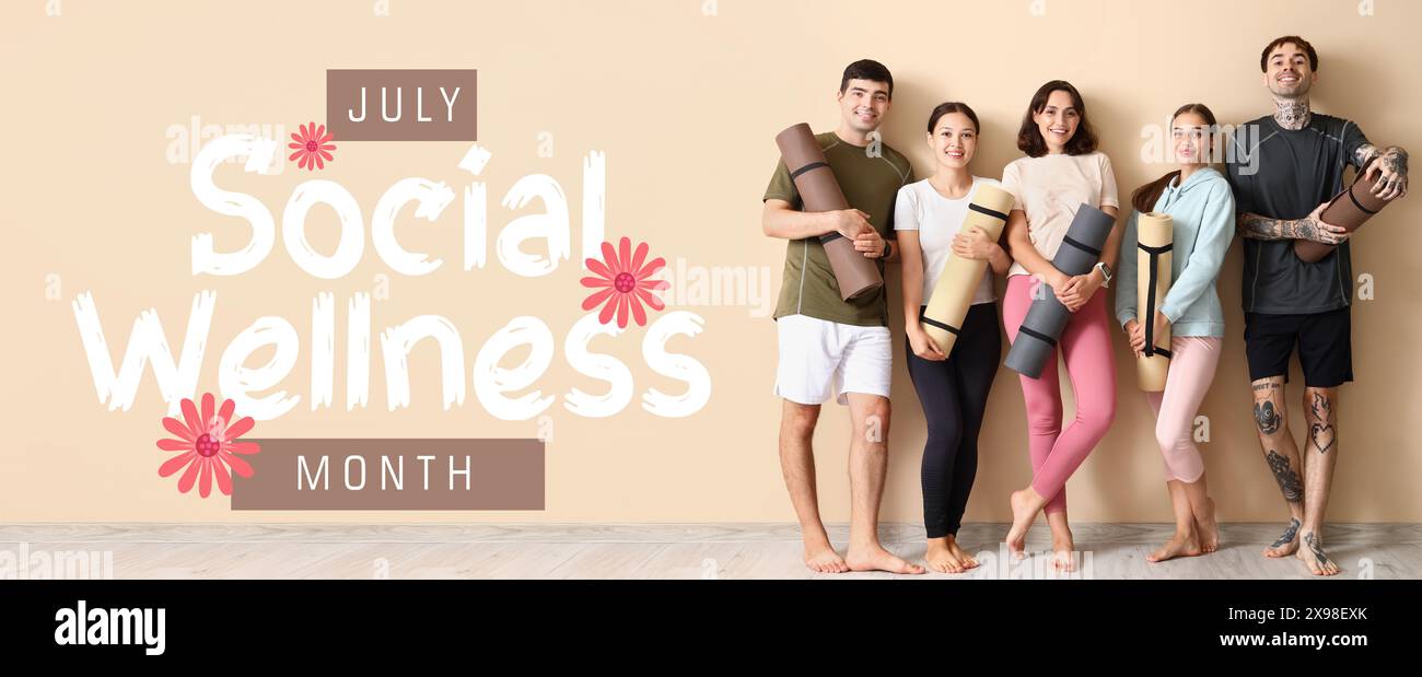 Group of sporty young people on beige background. Banner for Social ...