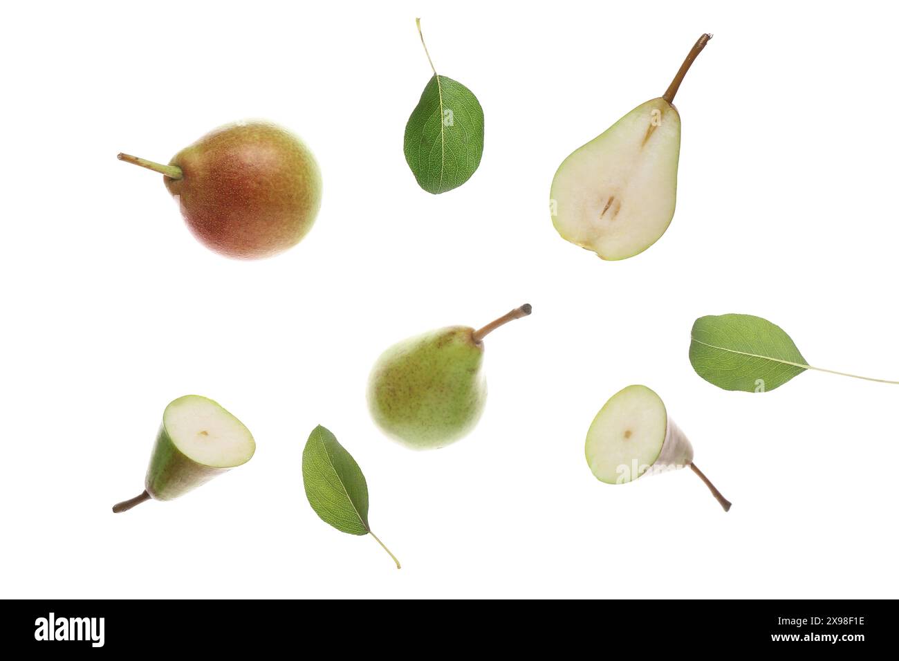 Flying ripe pears isolated on white background Stock Photo - Alamy