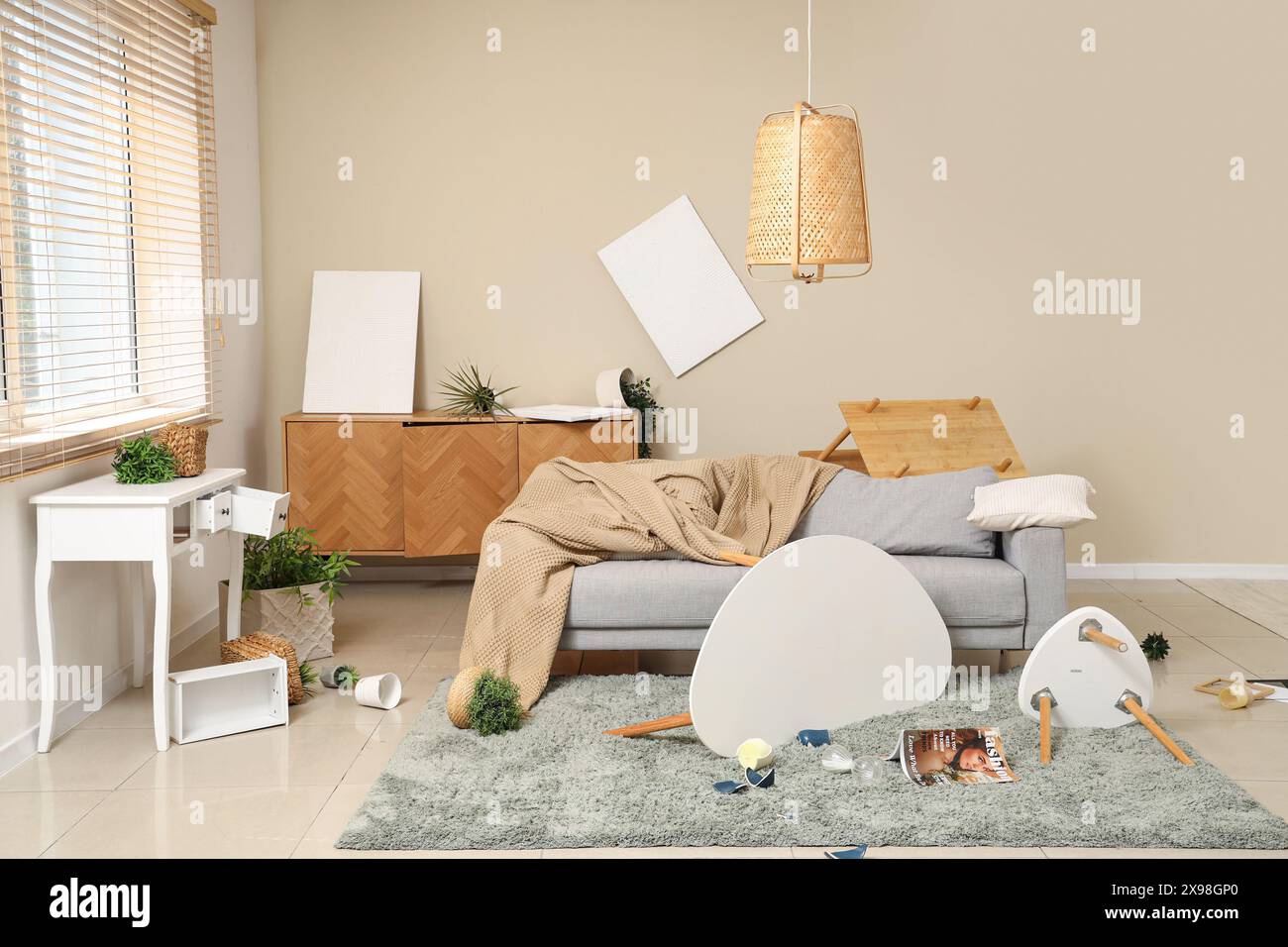 Interior of messy living room with sofa, tables and plants Stock Photo ...