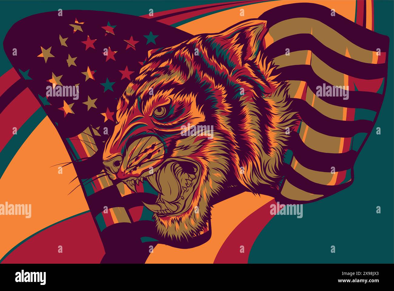 vector illustration of tiger head and American flag Stock Vector Image ...