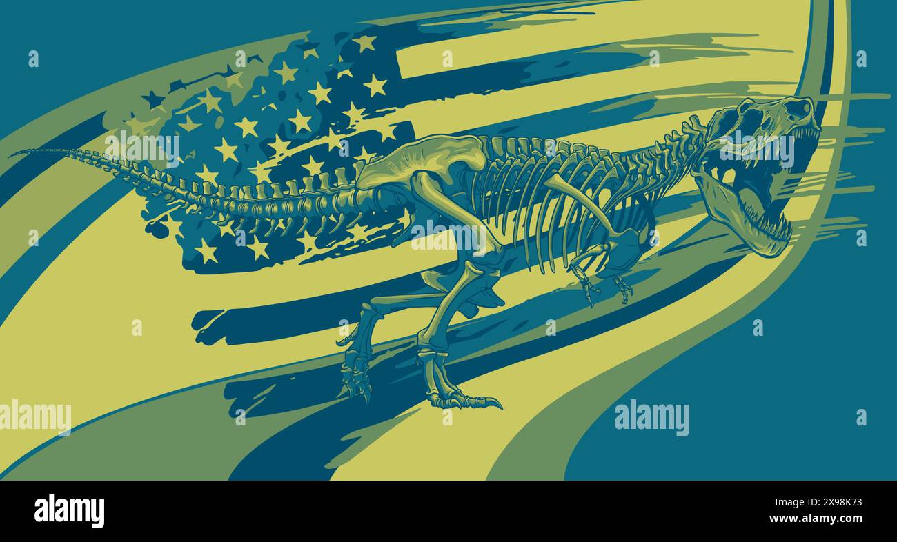 Vector illustration of tyrannosaurus T rex skeleton with american flag ...