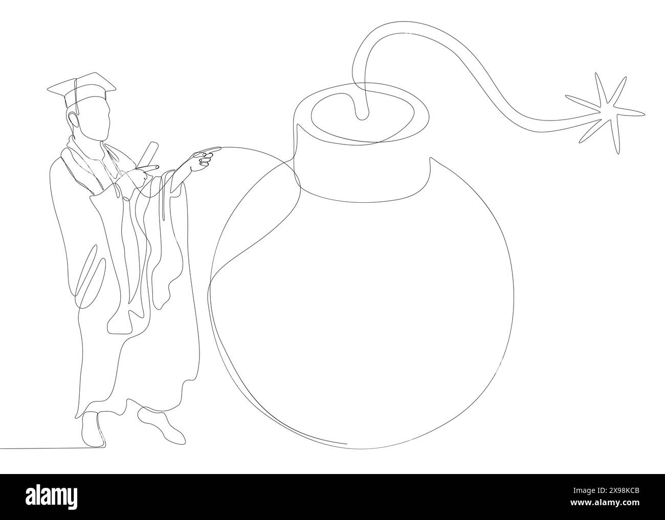 One continuous line of Graduati man and bomb. Thin Line Illustration ...