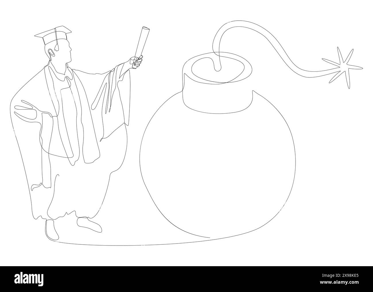 One continuous line of Graduati man and bomb. Thin Line Illustration ...