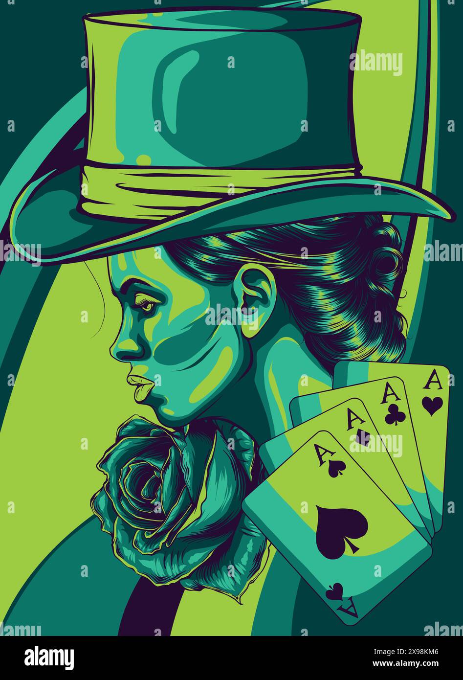 vector illustration of woman head with poker aces and rose Stock Vector ...