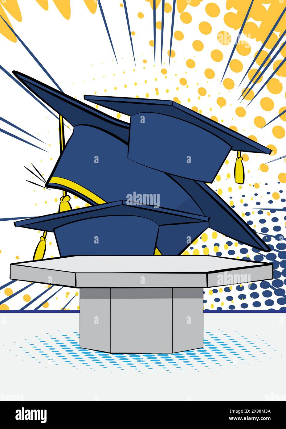 Comic Book Product podium stage for mockup presentation with Graduation Mortarboard. Retro ...