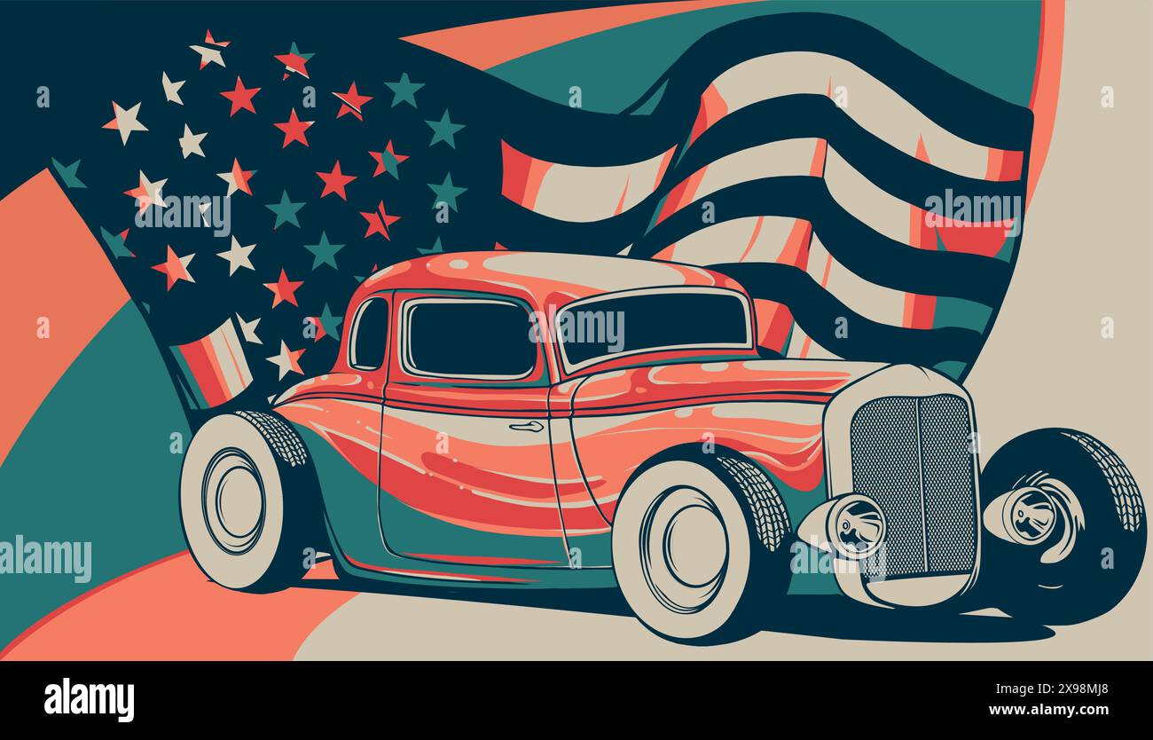 vector illustration of hot rod car with american flag Stock Vector ...