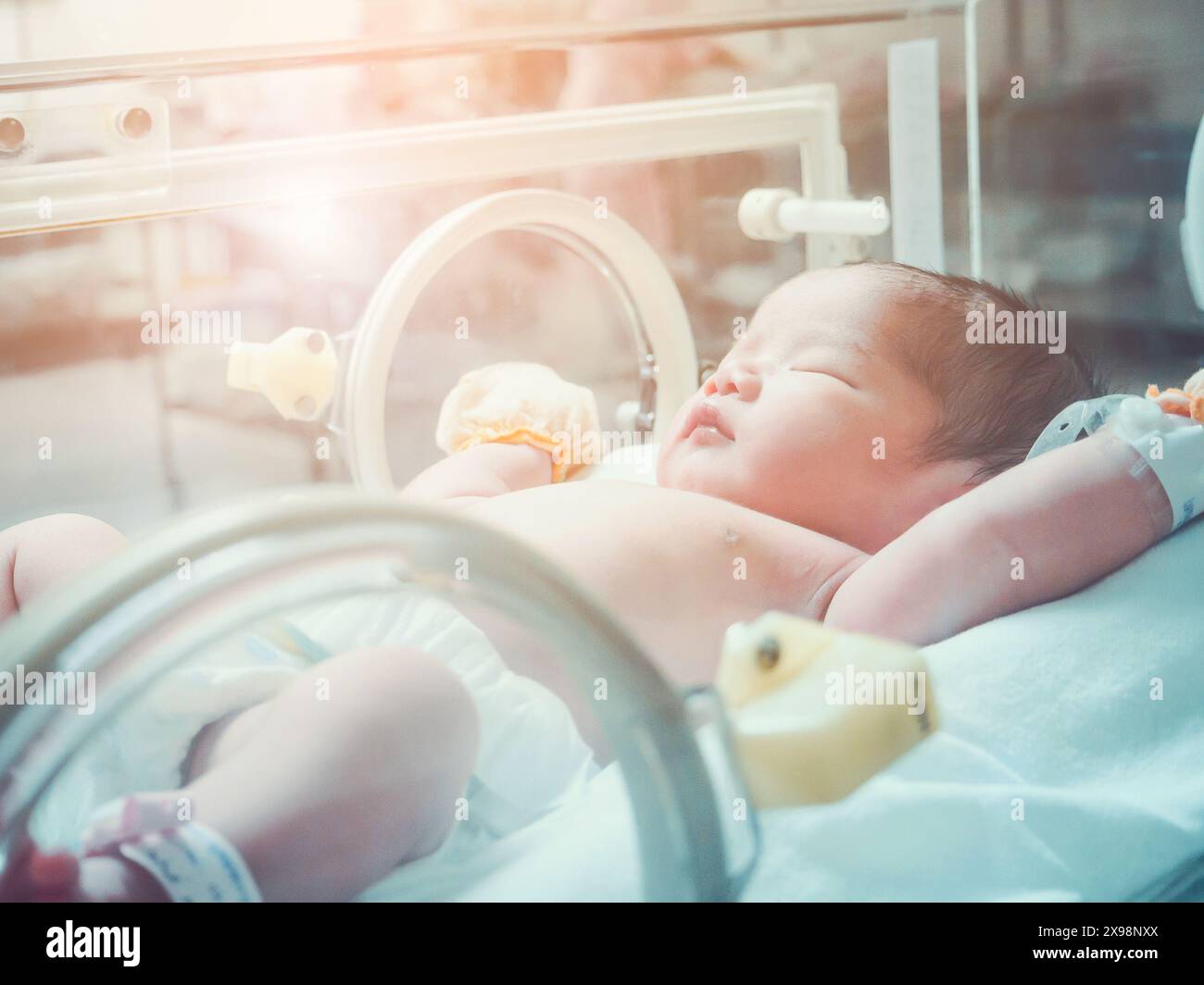 Newborn baby girl inside incubator in hospital post delivery room Stock ...