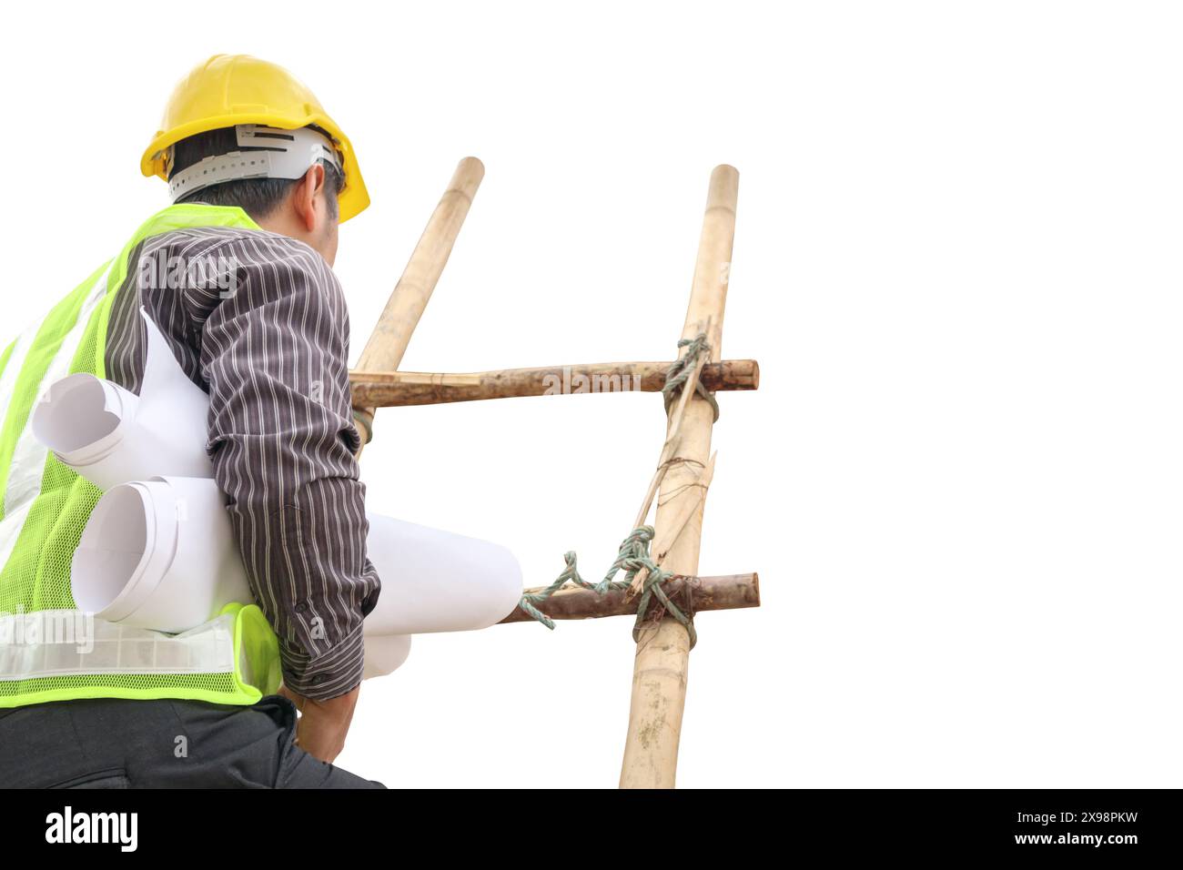 Asian business man construction engineer hold blueprint paper climb on ...