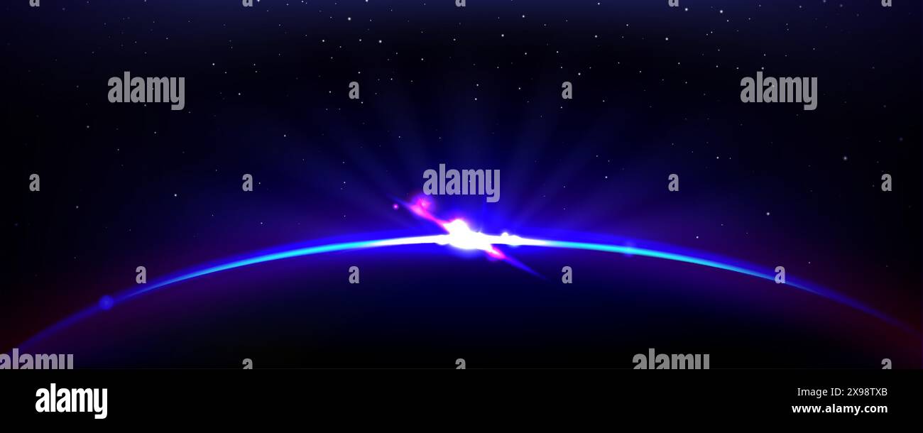 Purple planet and sun eclipse light on space horizon bg. Abstract blue ...