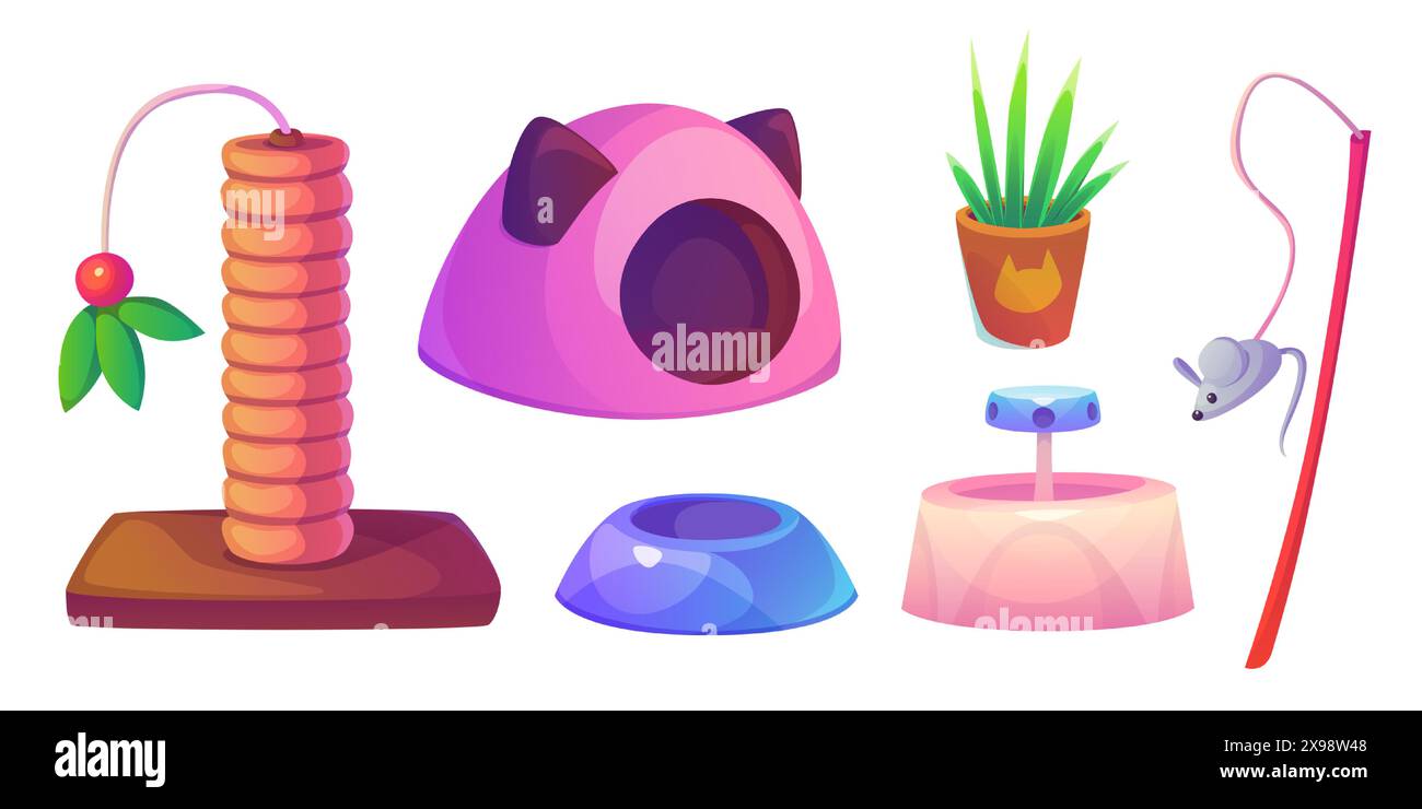Cat pet shop with food and toy cartoon goods icon. House animal ...