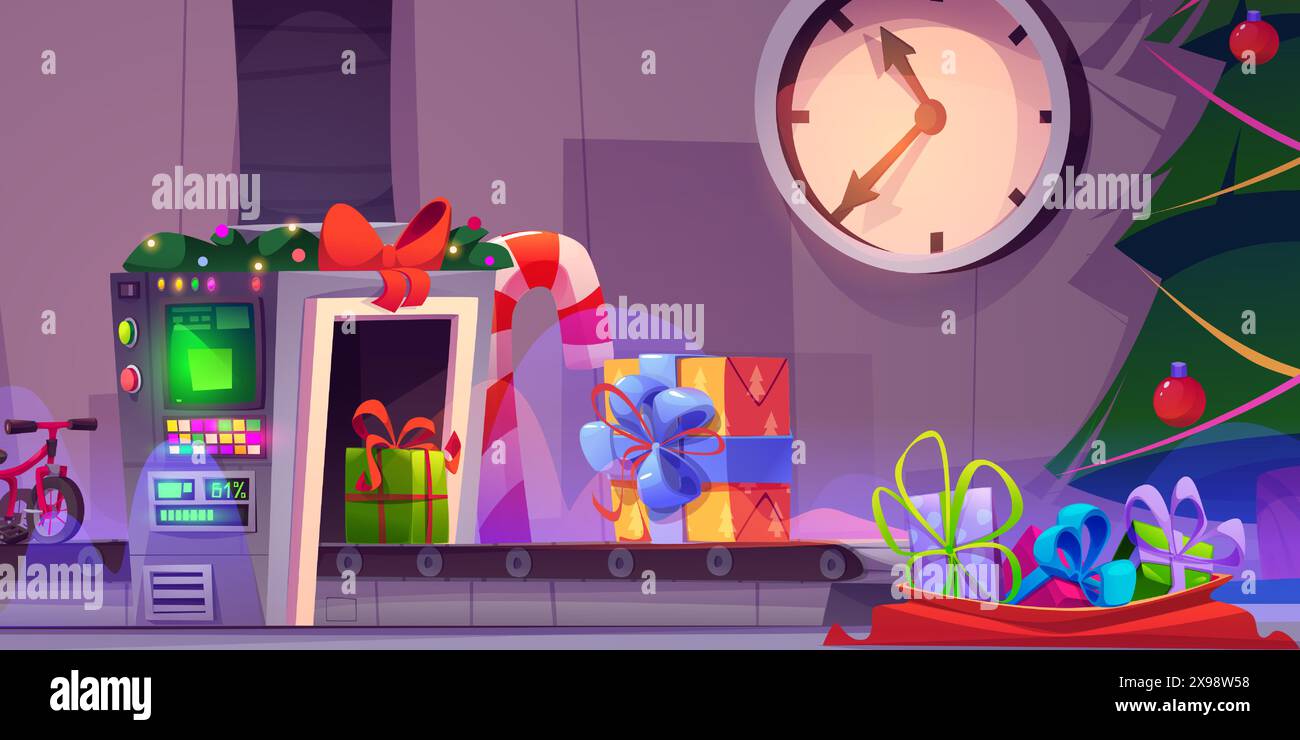 Christmas Santa Claus factory with wrapping gift boxes process on ...