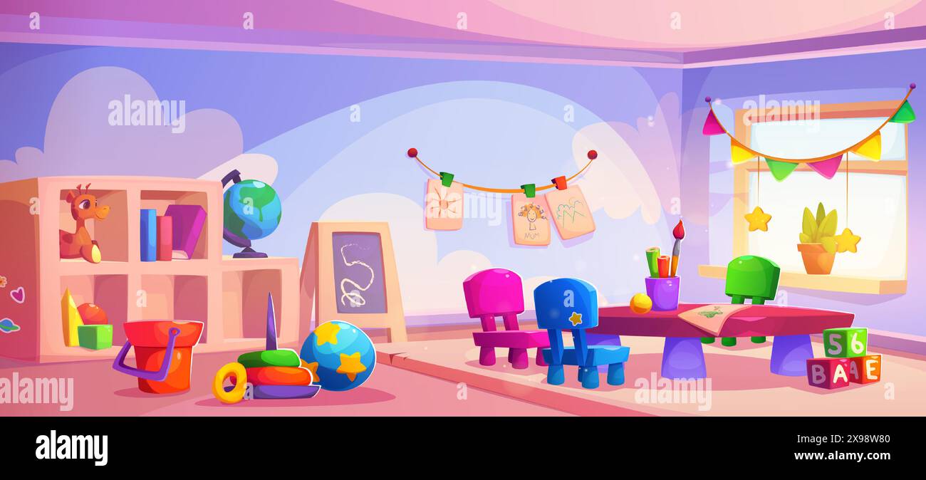 Kindergarten classroom cartoon. Kid school room vector background ...