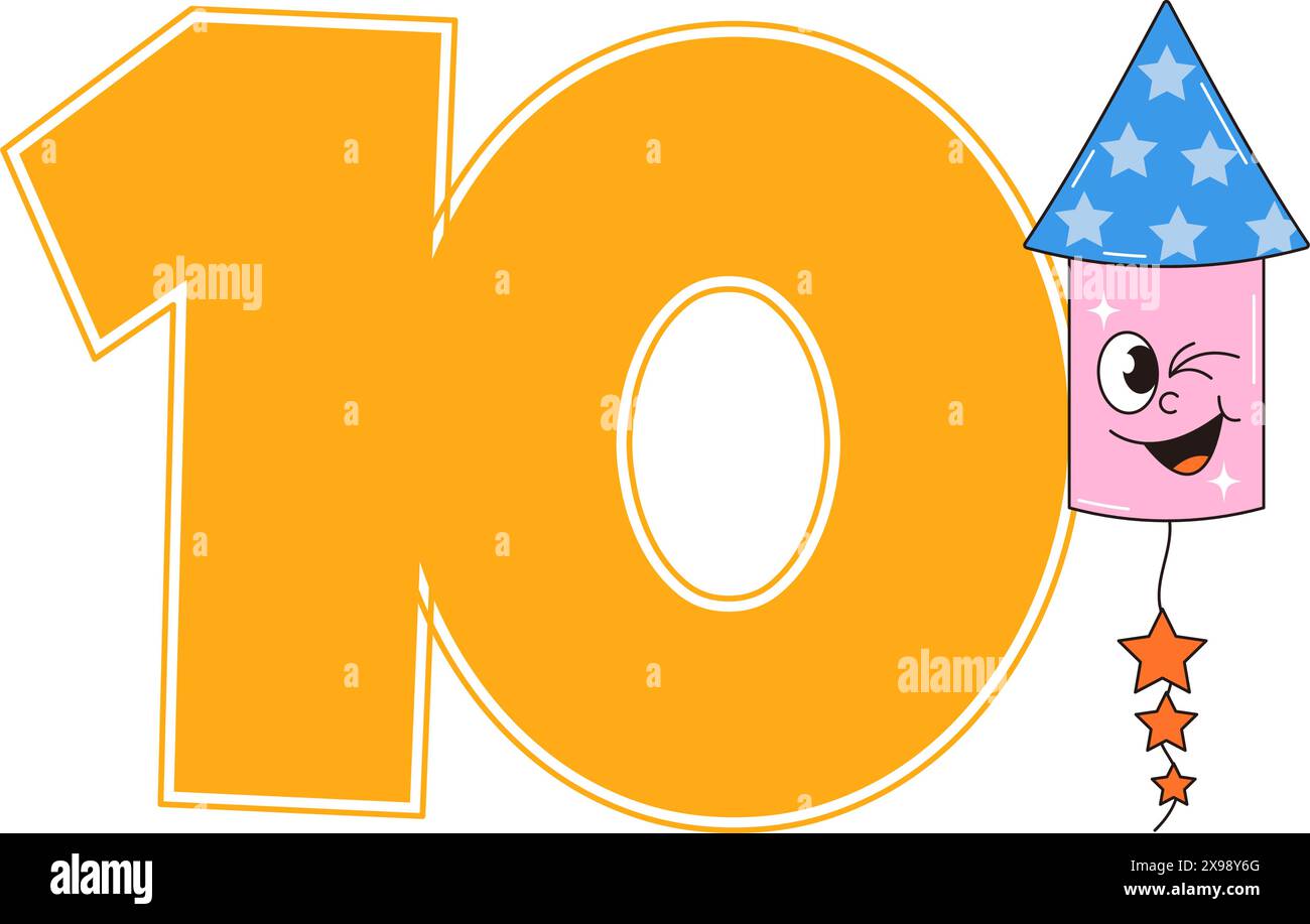 Ten Happy Birthday party sticker in retro groovy style. Funky walking ...