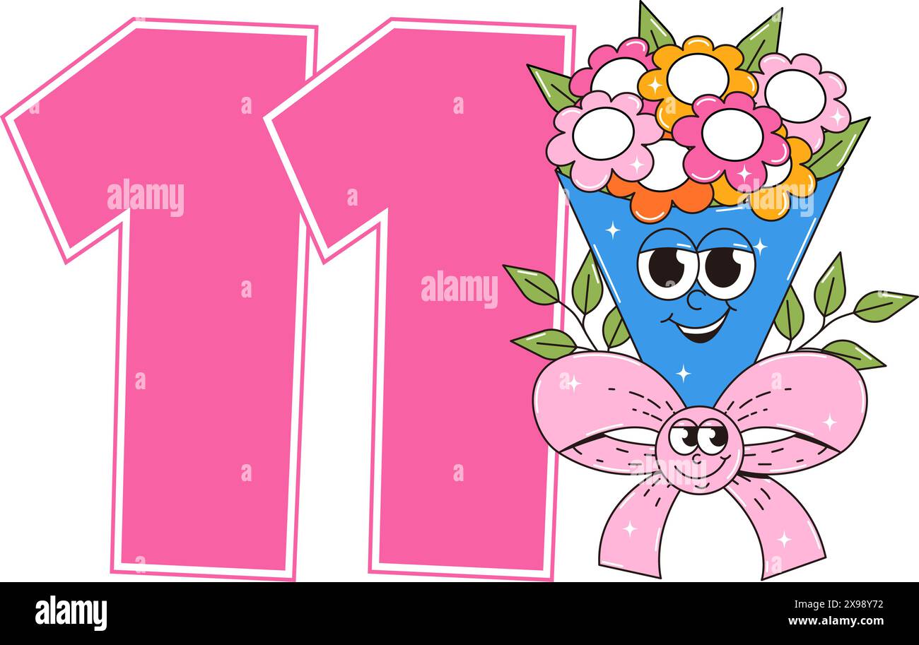 Eleven Happy Birthday party sticker in retro groovy style. Funky ...