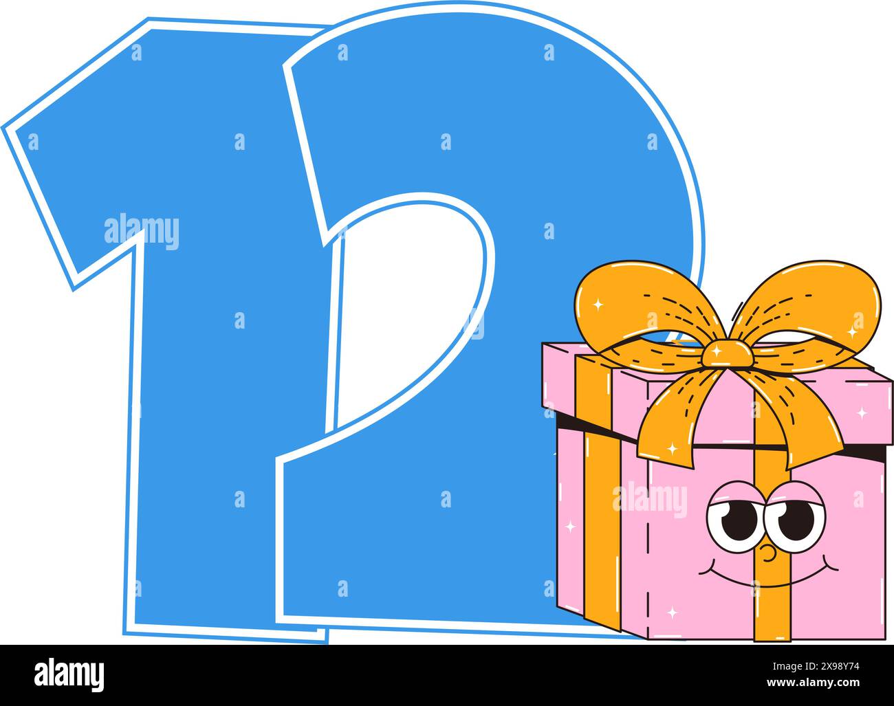 Twelve Happy Birthday party sticker in retro groovy style. Funky ...