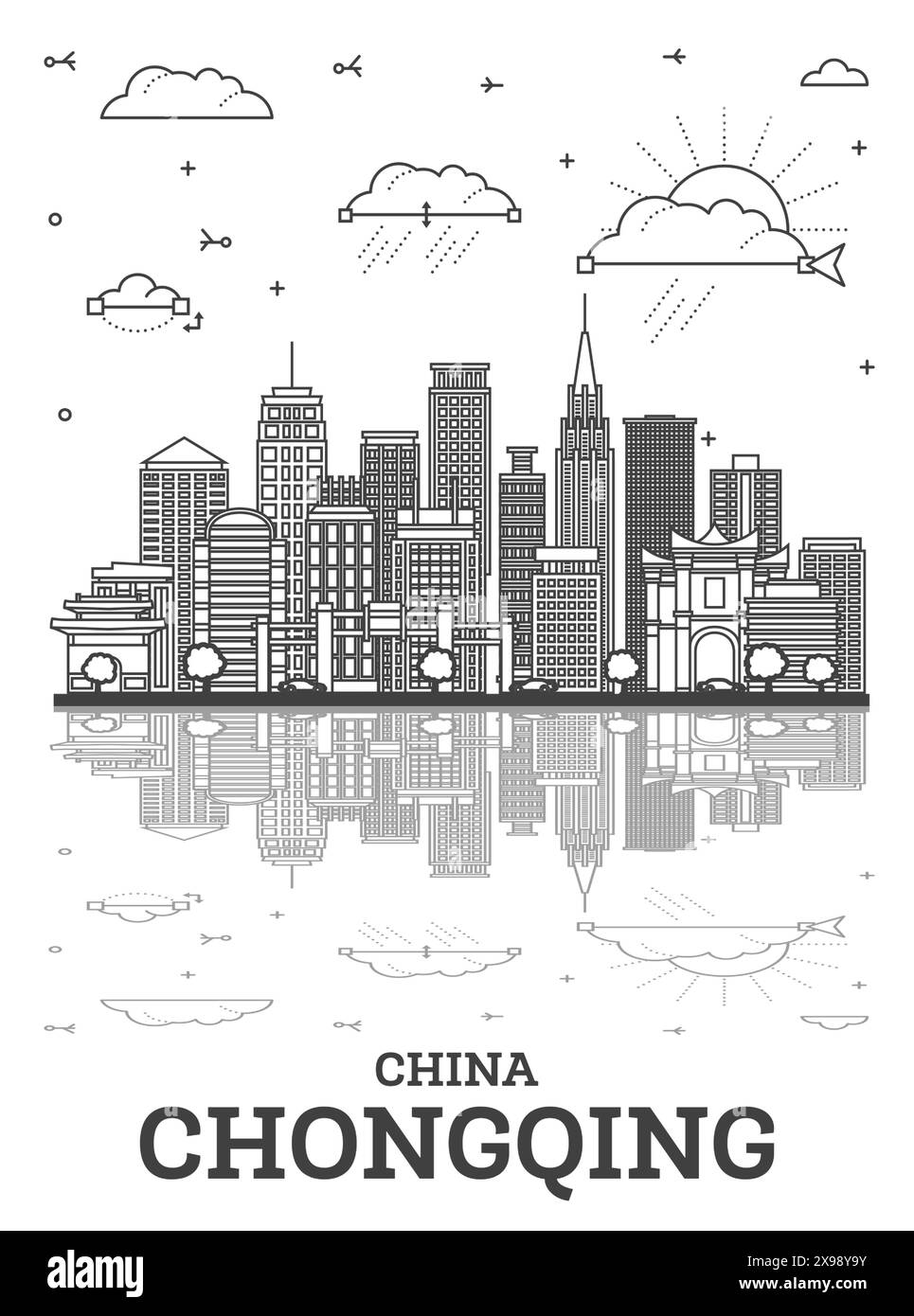 Outline Chongqing China City Skyline with Modern Buildings and ...