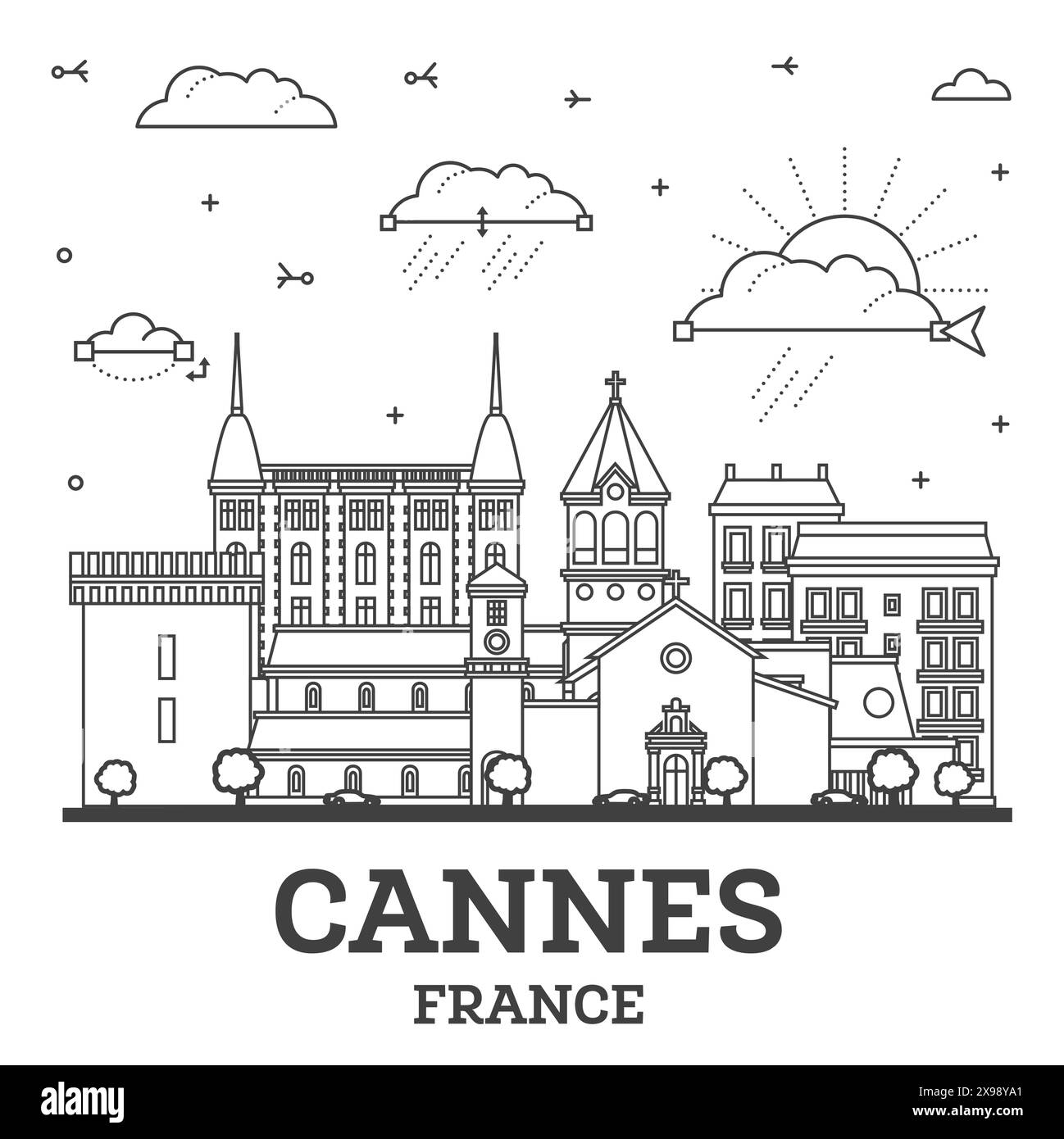 Outline Cannes France City Skyline with Modern and Historic Buildings ...