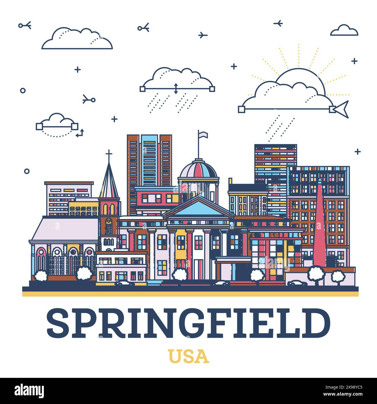 Outline Springfield Illinois City Skyline with Colored Modern and ...
