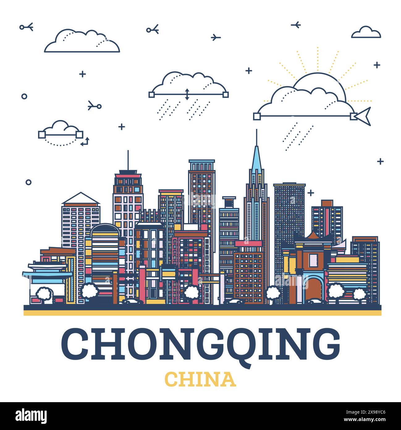 Outline Chongqing China City Skyline with Colored Modern and Historic ...