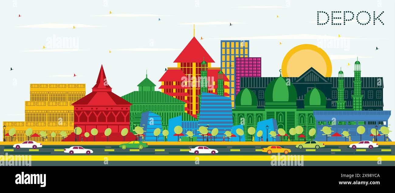 Depok Indonesia City Skyline with Color Buildings and Blue Sky. Vector ...