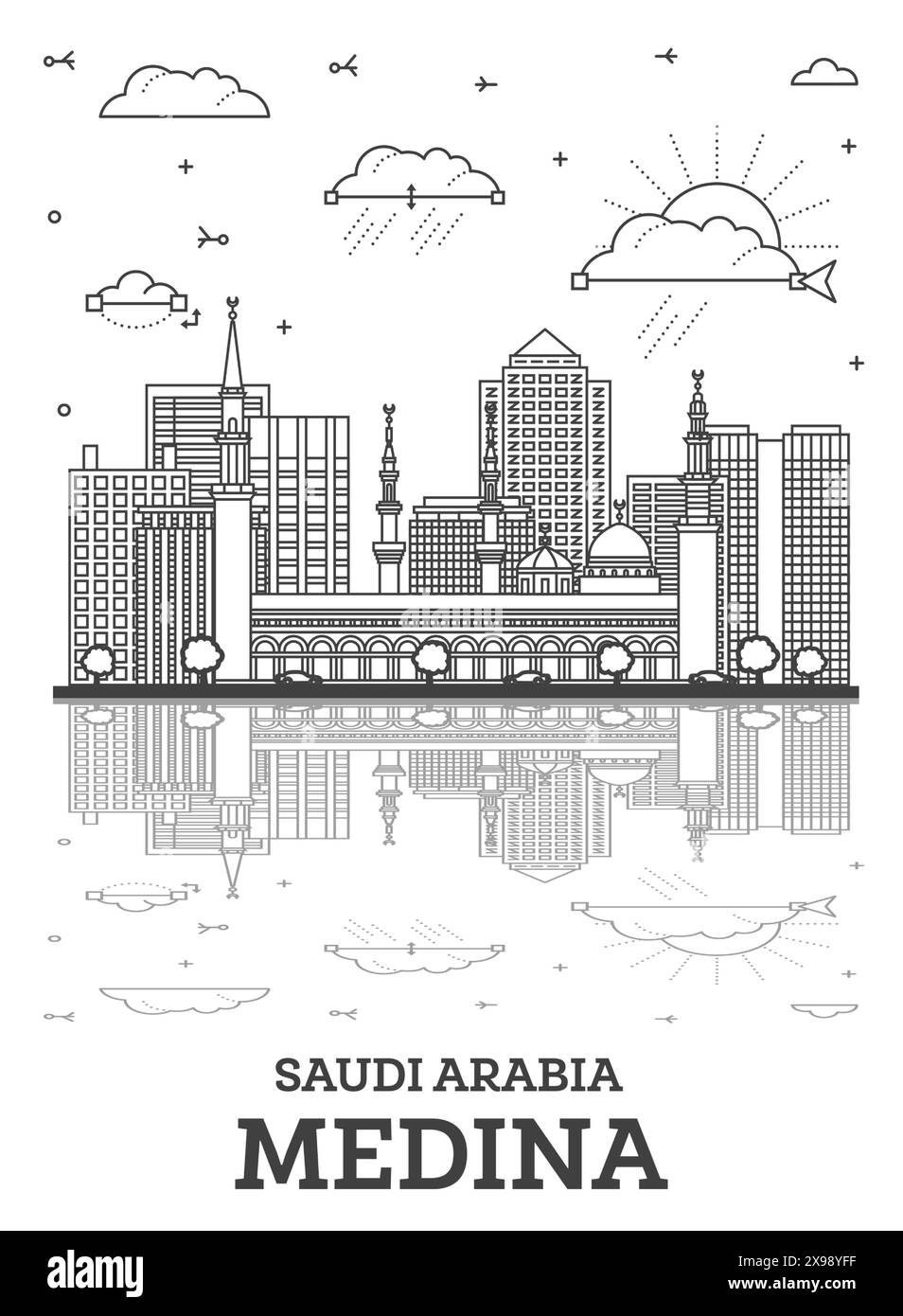 Outline Medina Saudi Arabia City Skyline with Reflections and Historic ...