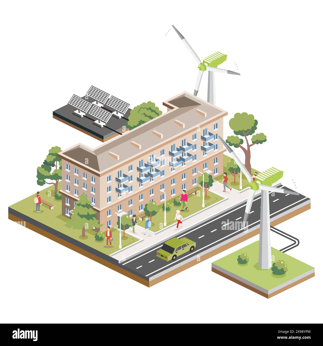 Isometric residential five storey building with solar panels and wind ...