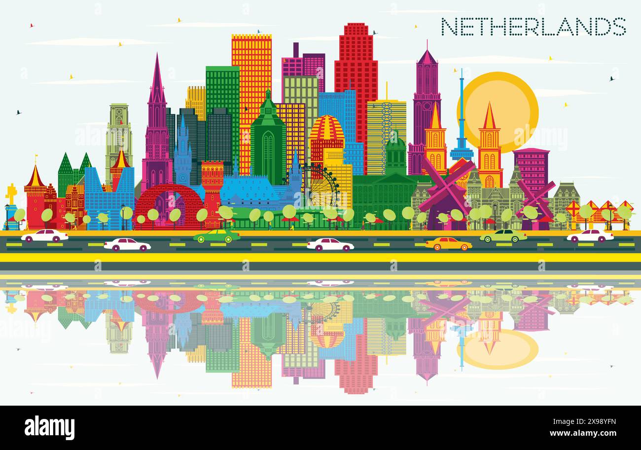Netherlands Skyline with color Buildings, Blue Sky and Reflections ...