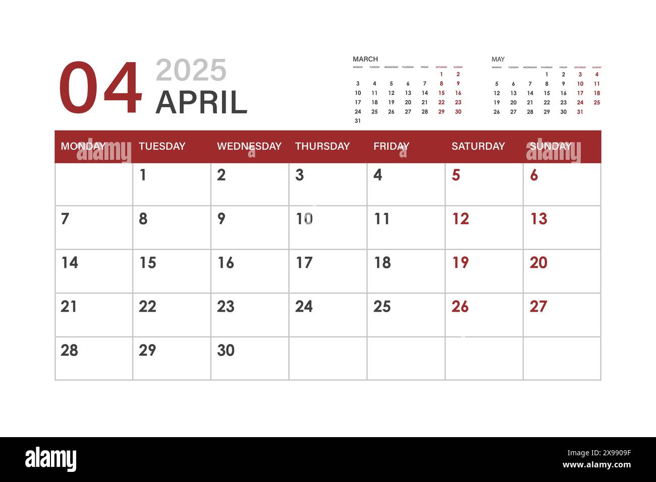 Calendar for April 2025. The week starts on Monday Stock Vector Image ...