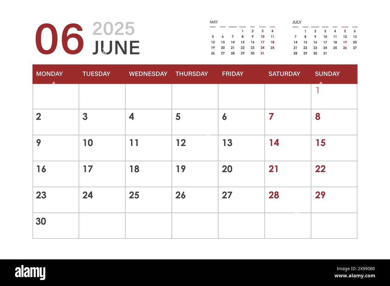 Calendar for June 2025. The week starts on Monday Stock Vector Image ...