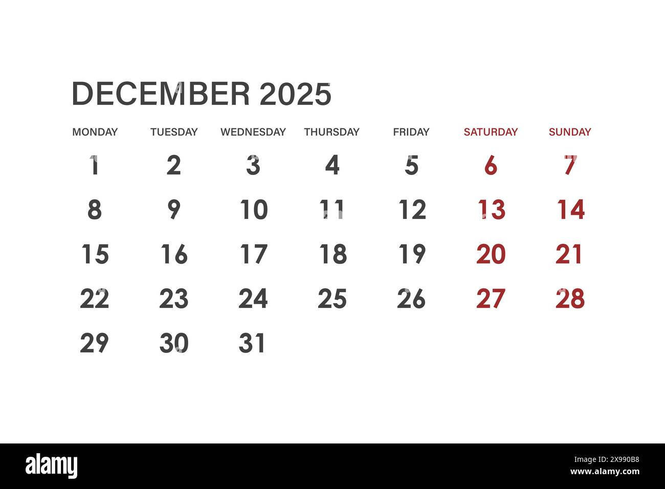 Calendar for December 2025. The week starts on Monday Stock Vector ...