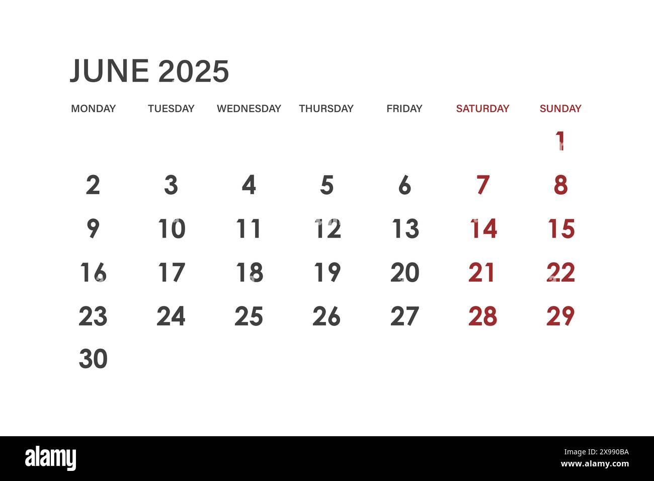 Calendar for June 2025. The week starts on Monday Stock Vector Image ...