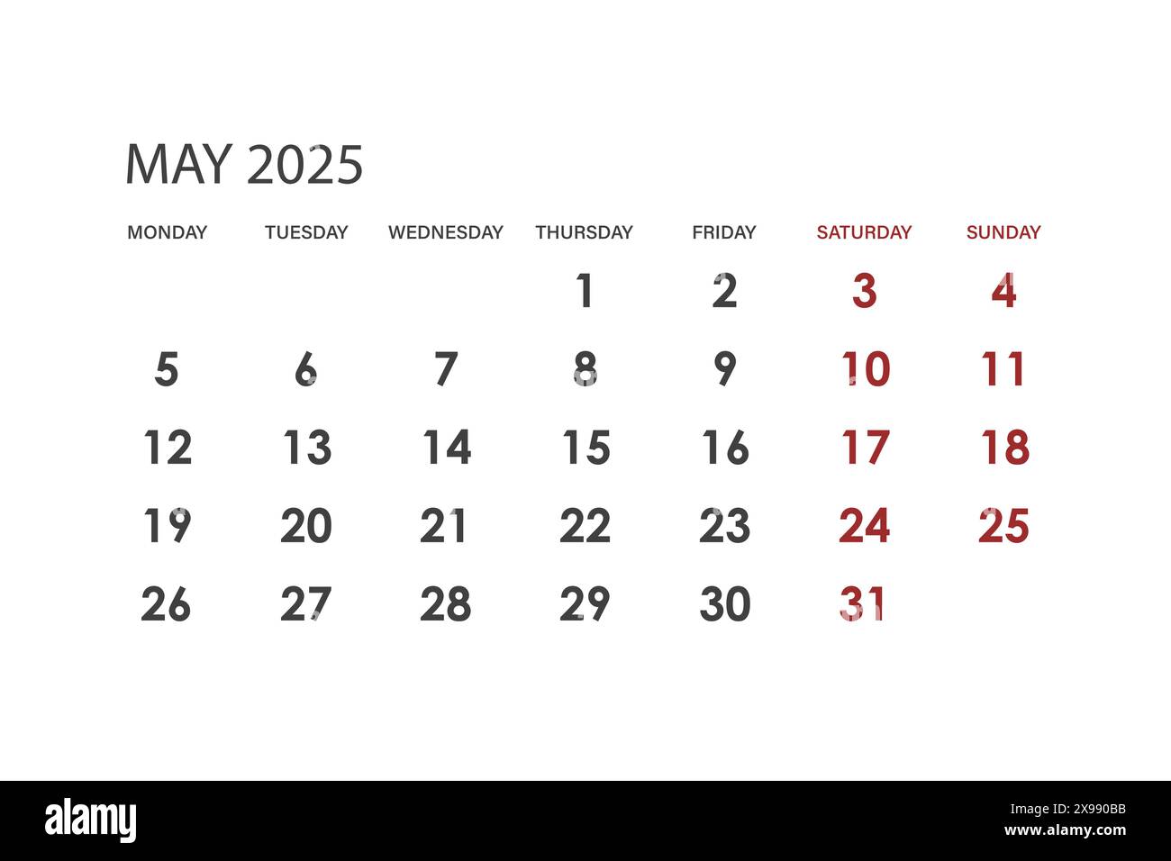 Calendar for May 2025. The week starts on Monday Stock Vector Image ...