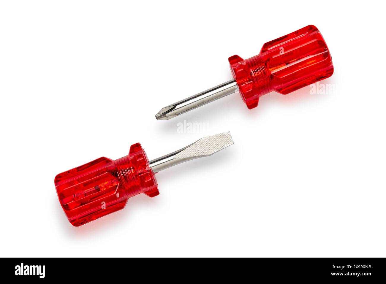 Miniature short-handled screwdrivers with red handle, isolated in white ...
