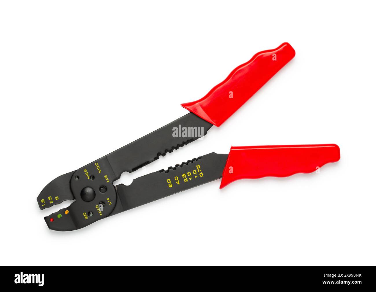 Universal crimping / stripping pliers with red handles, isolated on ...
