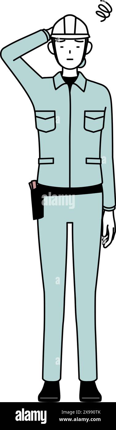 Female engineer in helmet and work wear scratching her head in distress ...