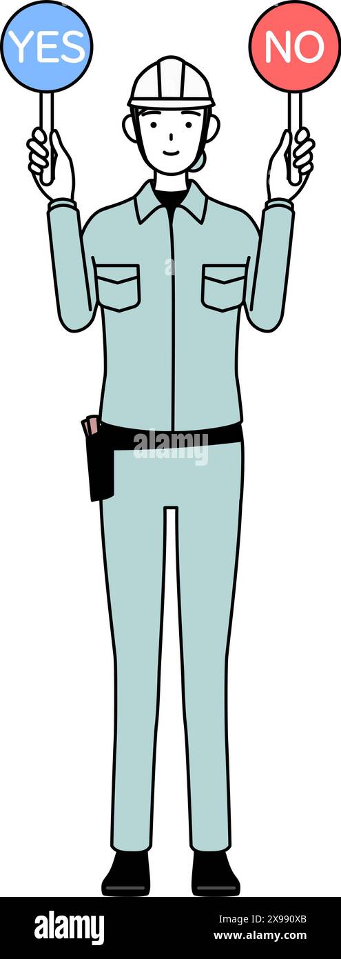 Female engineer in helmet and work wear holding a placard indicating ...