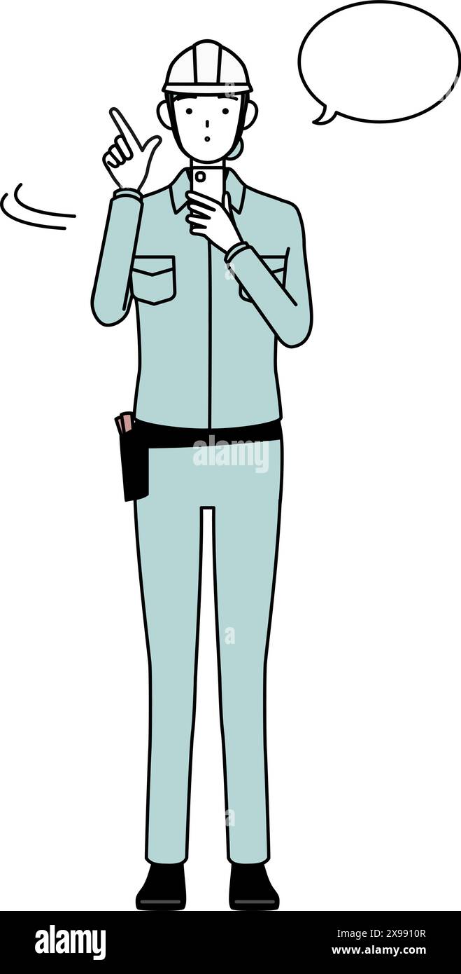 Female engineer in helmet and work wear operating a smartphone, Vector ...