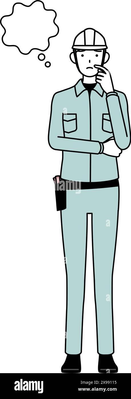 Female engineer in helmet and work wear thinking while scratching her ...