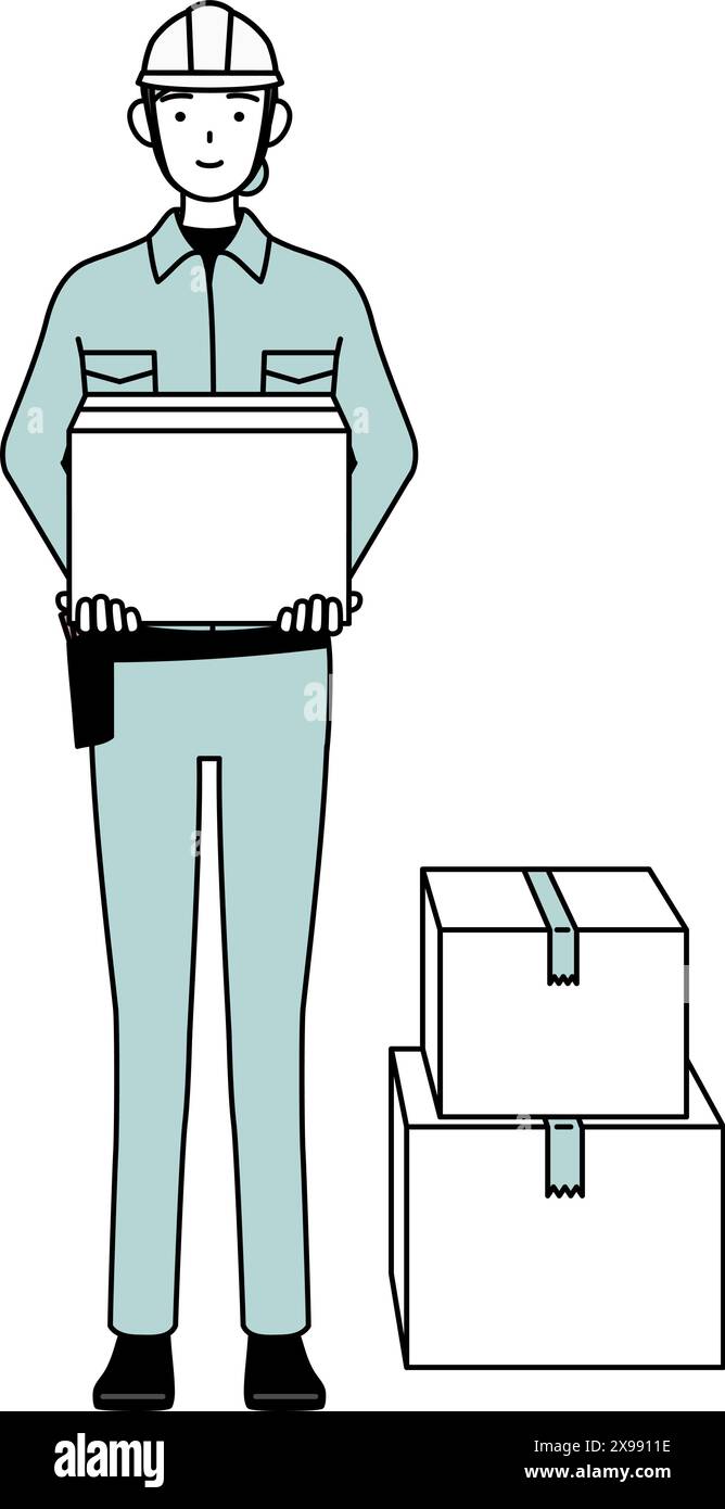 Female engineer in helmet and work wear working to carry cardboard ...