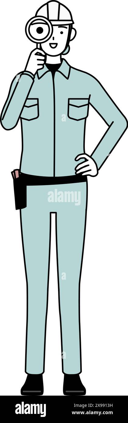 Female engineer in helmet and work wear looking through magnifying ...