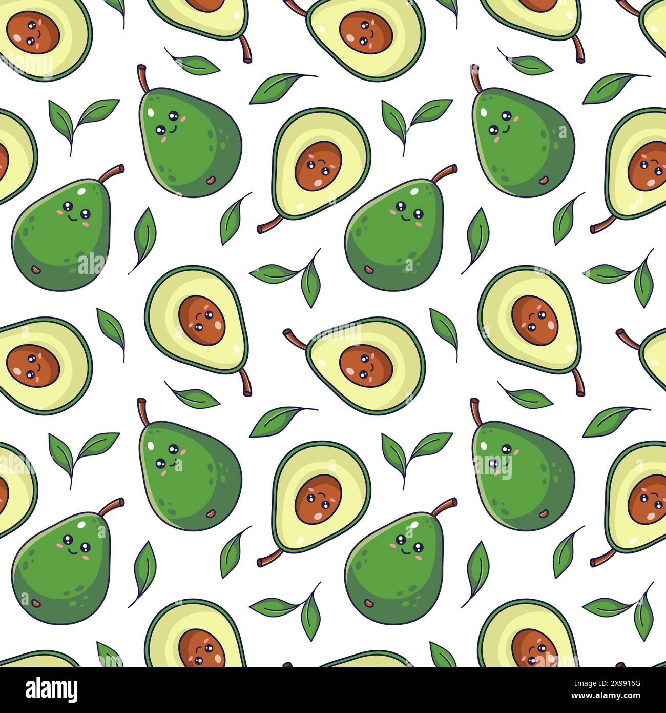 Cute Kawaii Avocado character whole and cut seamless pattern. Vector ...