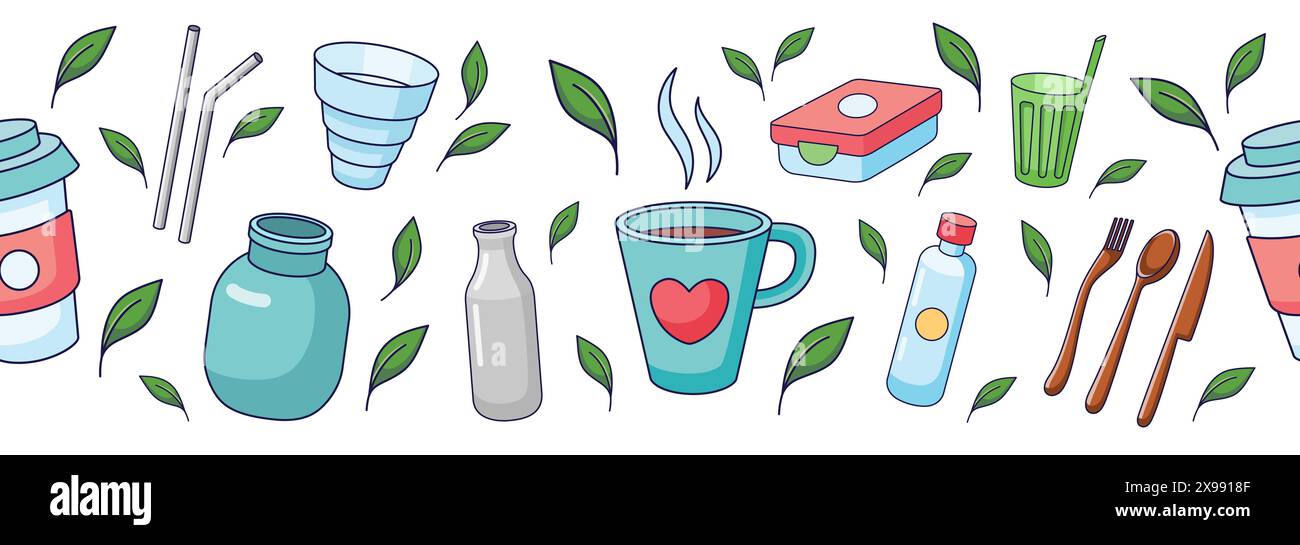 Eco friendly tableware border, frieze, edging, pattern. Zero waste ...