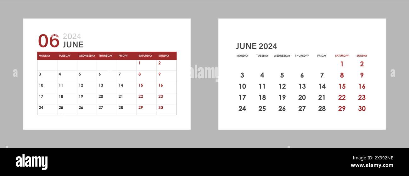 Set of calendars for June 2024. The week starts on Monday Stock Vector ...