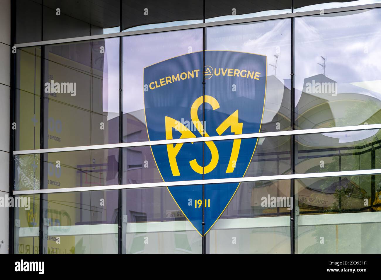 Sign and logo at the entrance to the headquarters of ASM Clermont ...
