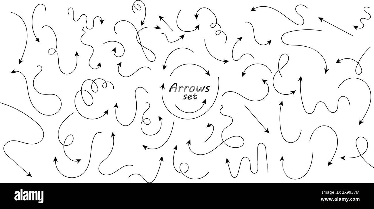 Set of hand drawn thin line arrows. Collection of curved pointers ...