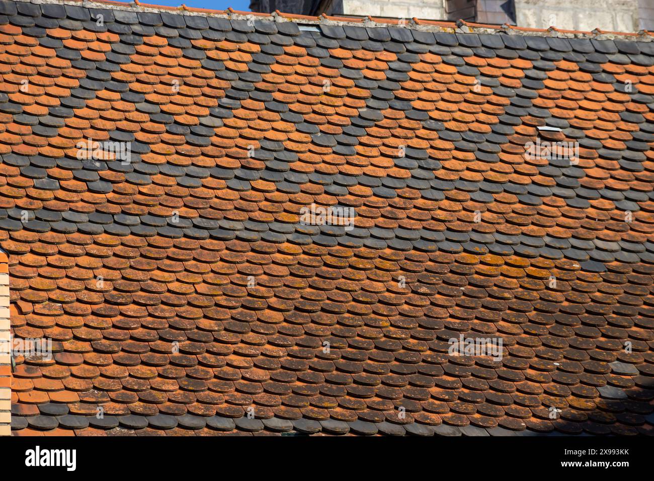 Seamless roof texture of flat red shingles with embedded line patterns ...