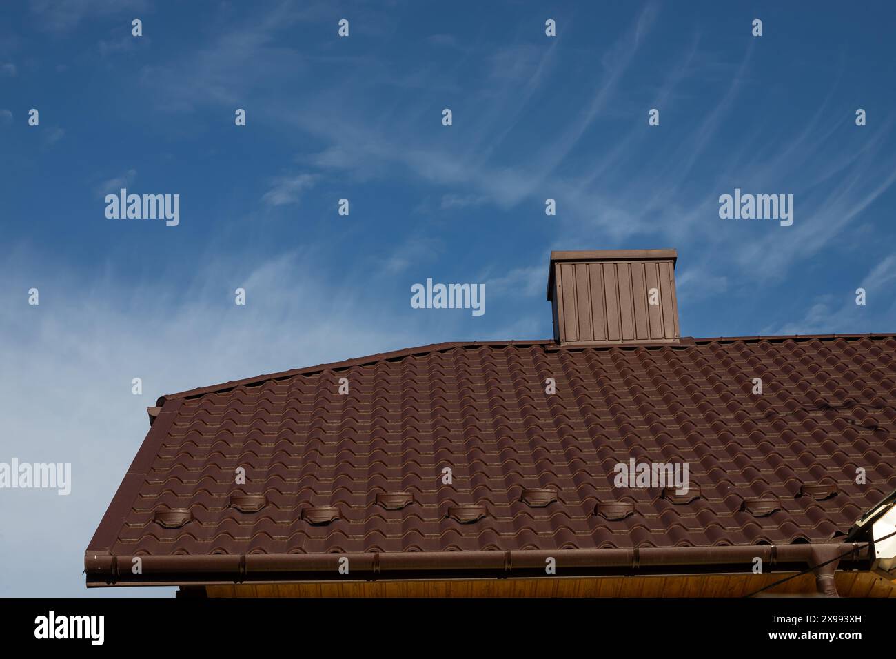 New roofing construction with attic skylights, rain gutter system, roof ...